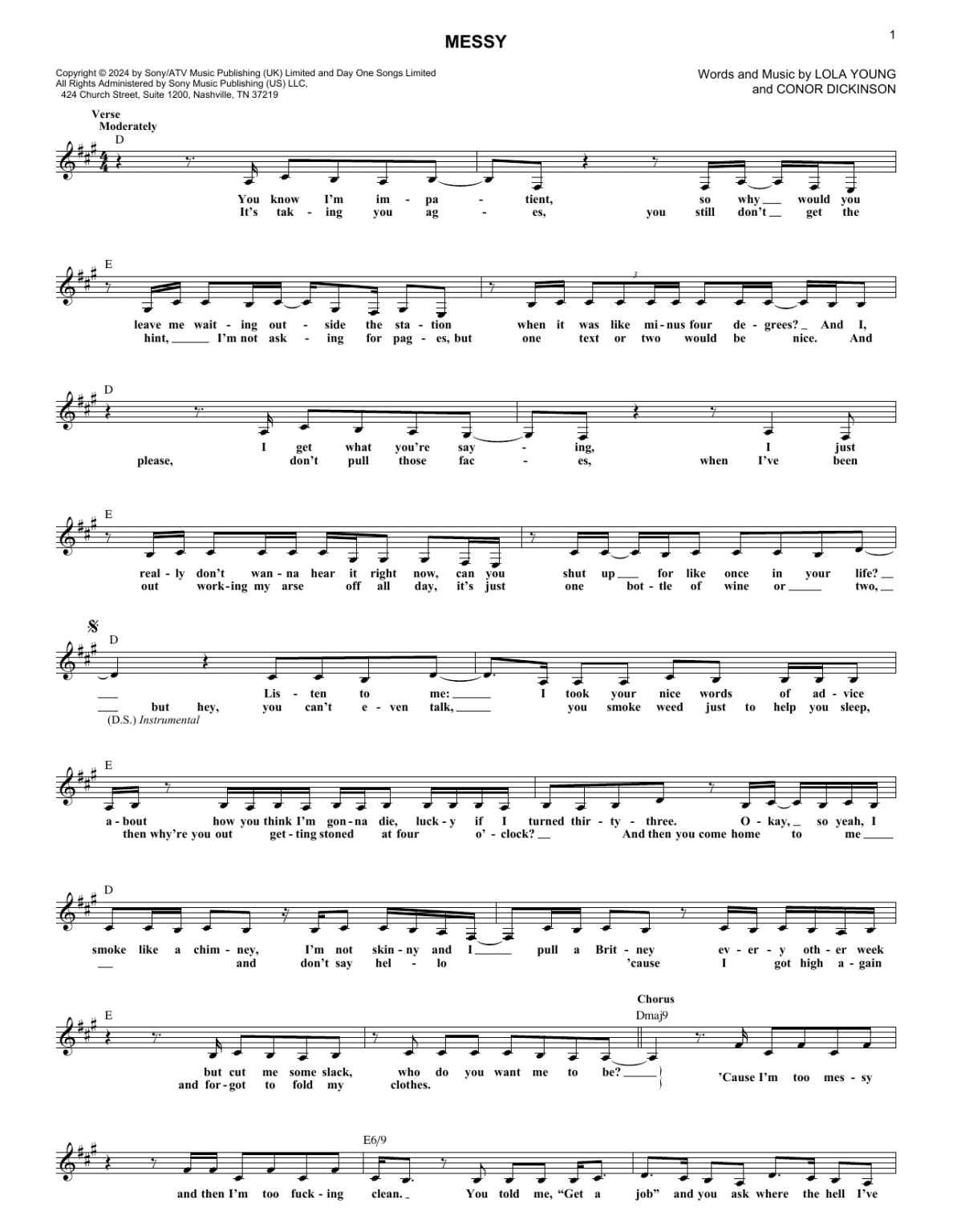 Messy Lola Young Sheet Music: Download Piano Arrangements